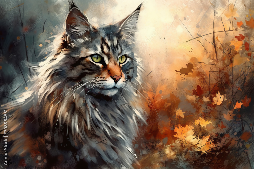 Autumn Elegance: Maine Coon Cat Amidst Fall Leaves in a Painting ...