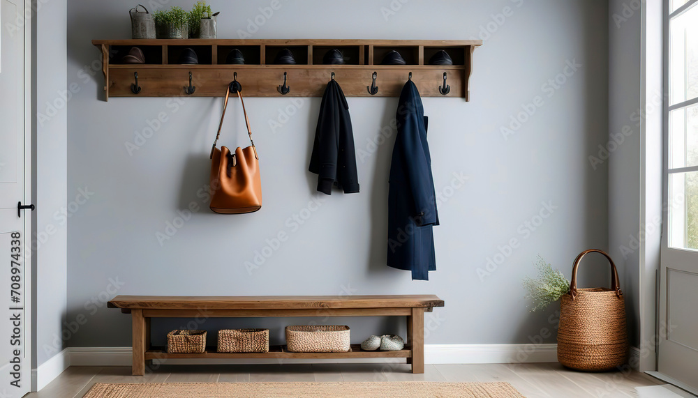 Wall-mounted coat rack above rustic bench. Farmhouse interior design of ...