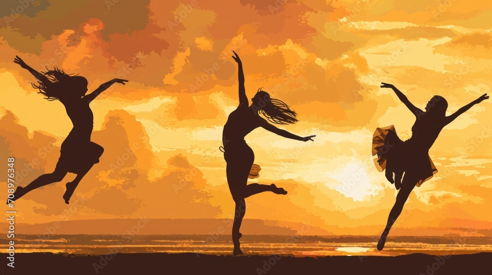 three silhouettes of three women jumping in the air on a beach with the ...