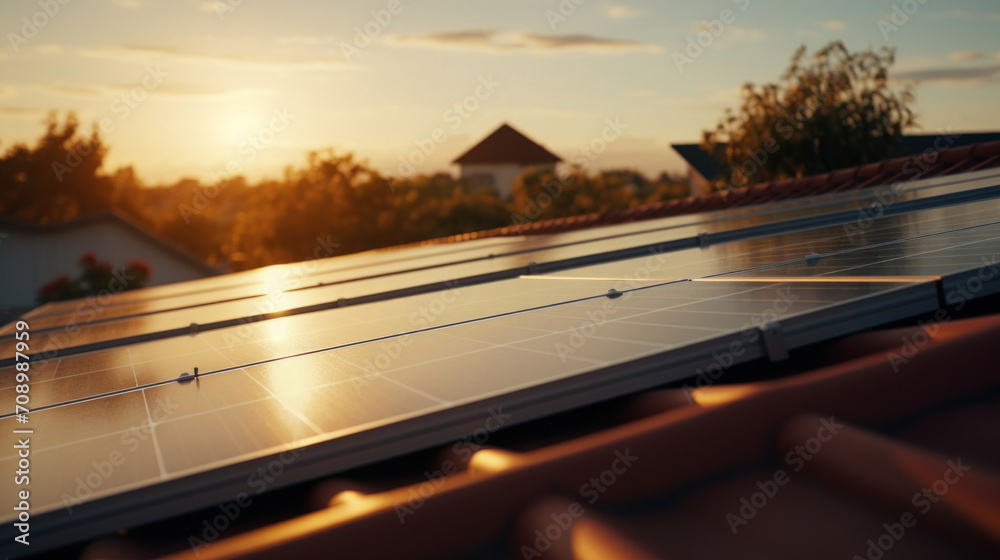 Solar panels installed on a house roof catching the golden rays of the ...