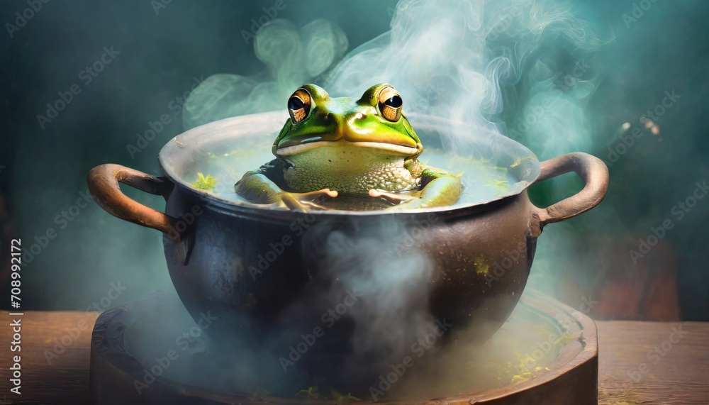 an enchanted frog prince from a fairy tale being boiled in a pot or ...