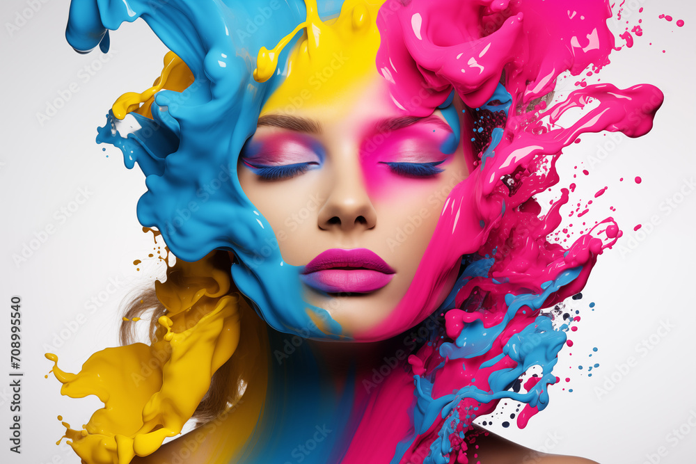 A vibrant CMYK masterpiece wallpaper or background, a woman's face ...