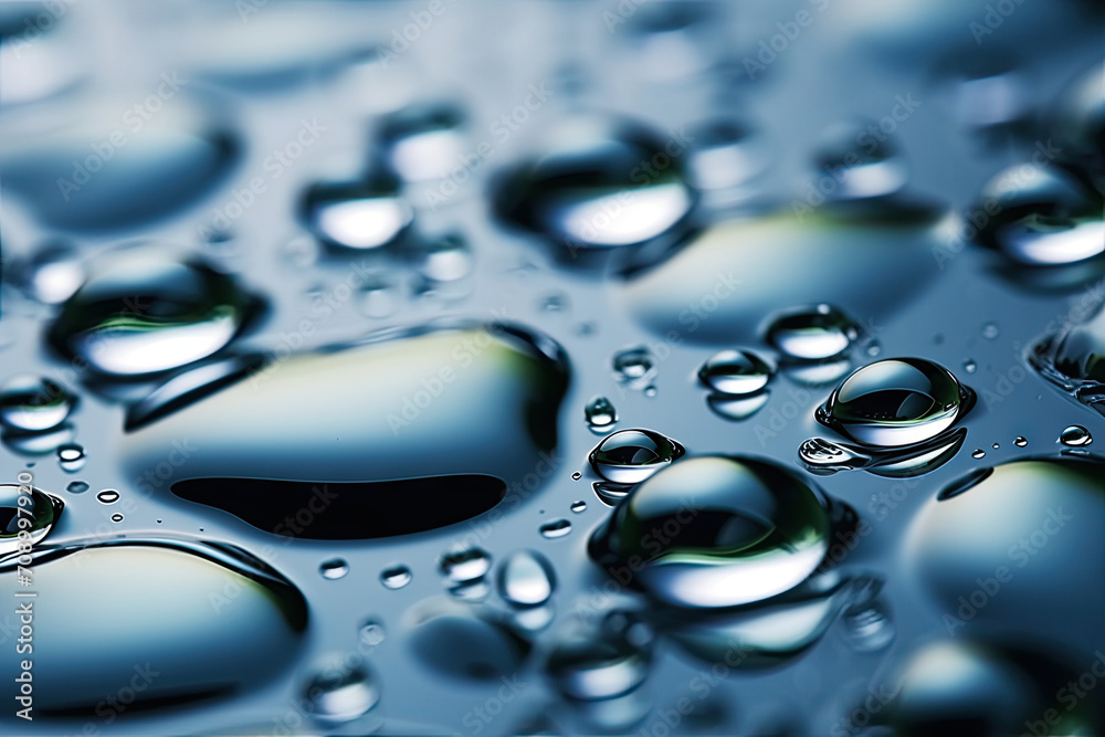 This close-up photo captures a single water drop in a serene pool ...