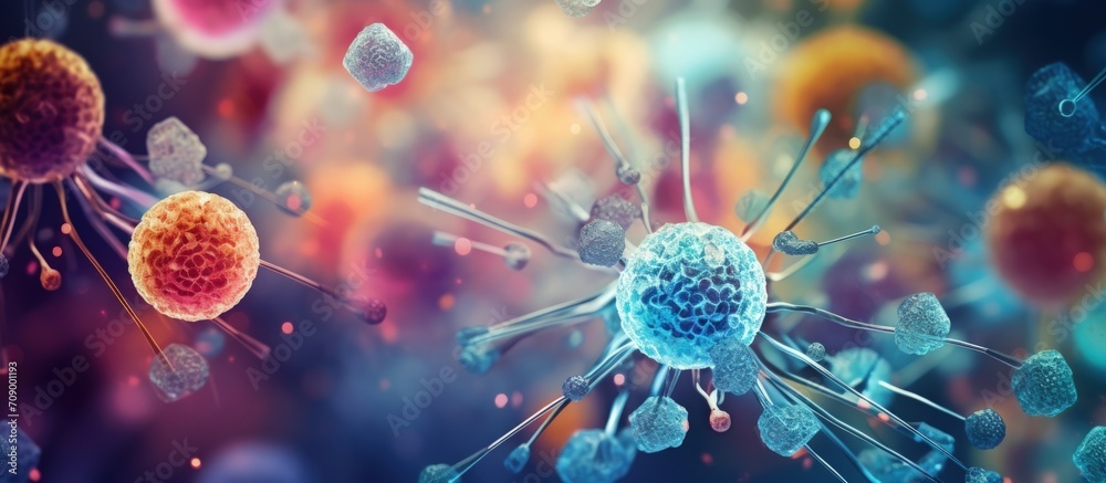 Microscope macro view of a virus bacteria and cells of an biological ...