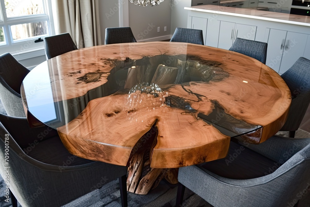 Round living-edge dining table built from massive round wood and a ...