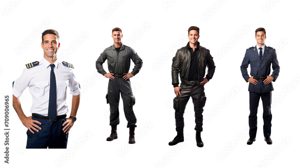 Set of smiling pilot captain looking at camera, isolated, full body, on ...