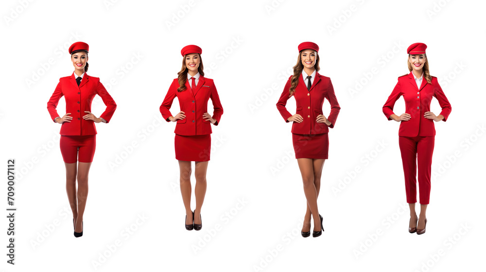 Set of images of a flight attendant in a red uniform and hat, full body ...