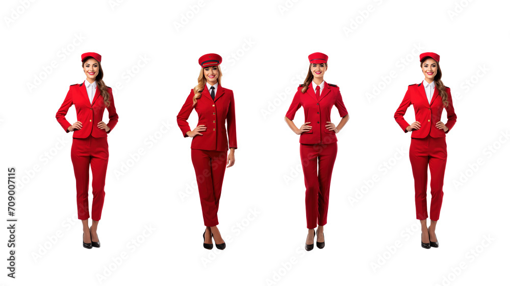 Set of images of a flight attendant in a red uniform and hat, full body ...