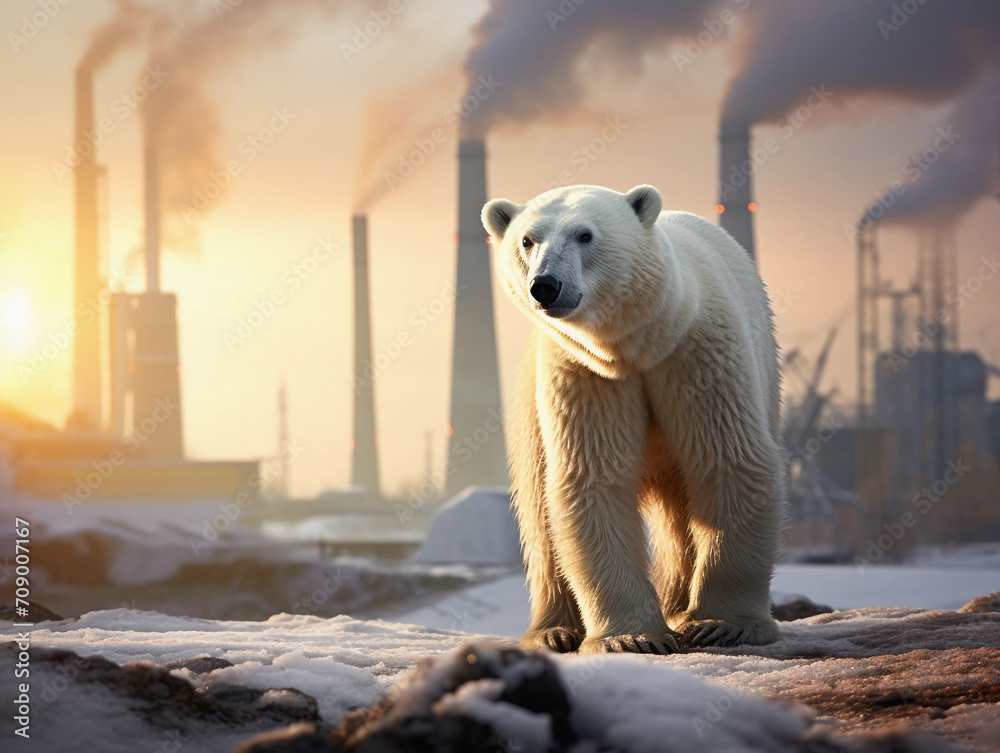 Polar bear standing front of pollution from factories background ...