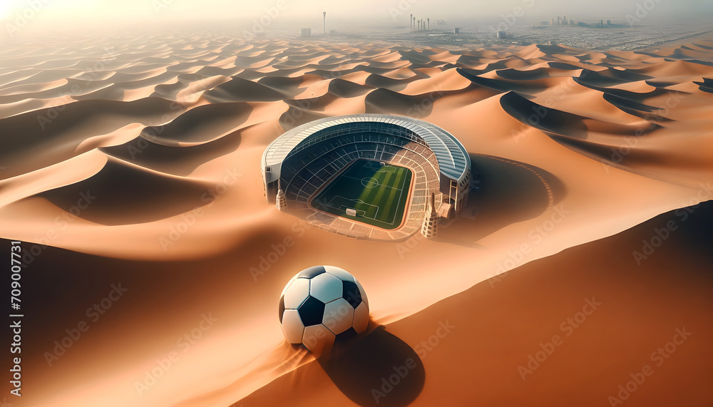 Soccer ball in the desert with a stadium in the sand dunes. Football in ...