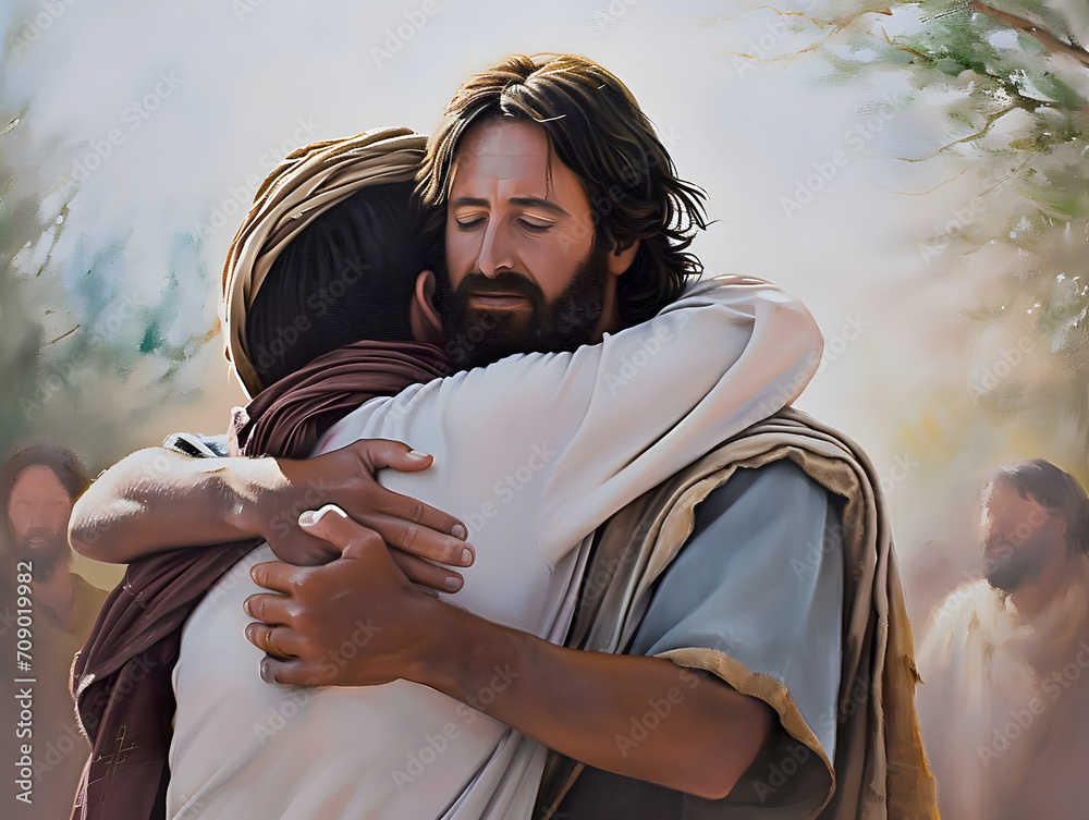 Jesus Christ hugging and comforting a man, oil painting Stock ...