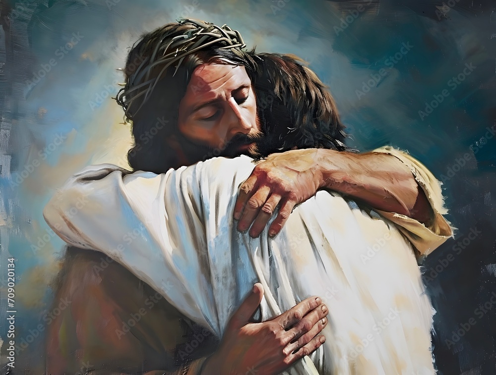Jesus Christ hugging and comforting a man, oil painting Stock ...