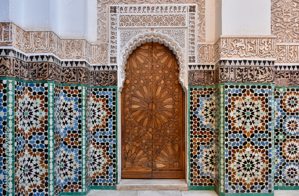 Moroccan Mandala Tile Patterns and Carved Wooden Double Door with ...