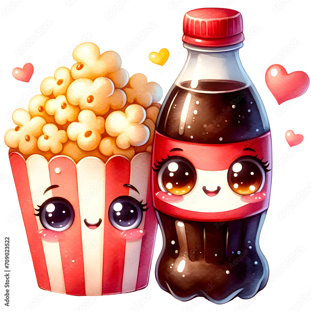 Cute cola and popcorn couple valentine watercolor clipart with ...