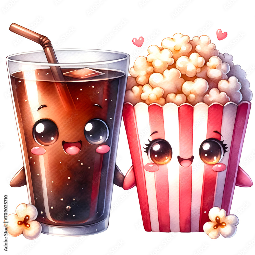 Cute cola and popcorn couple valentine watercolor clipart with ...