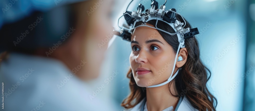 Female patient undergoing neurology testing with EEG headset, while ...