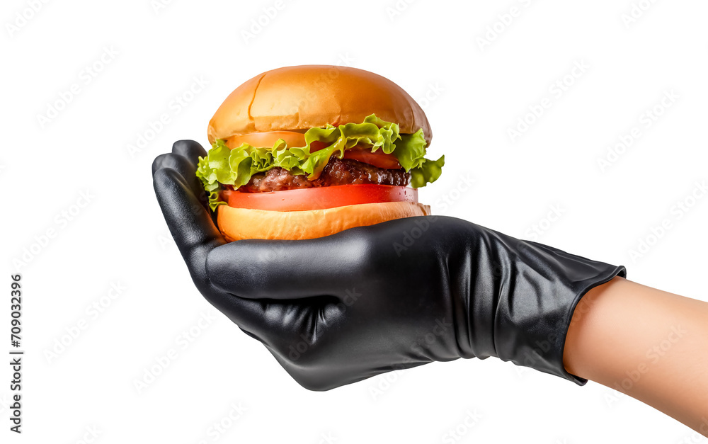 Hamburger in hand isolated on white transparent background. A hand in a ...