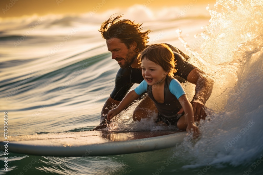 father and son catch a wave together, the thrill of surfing bonding ...