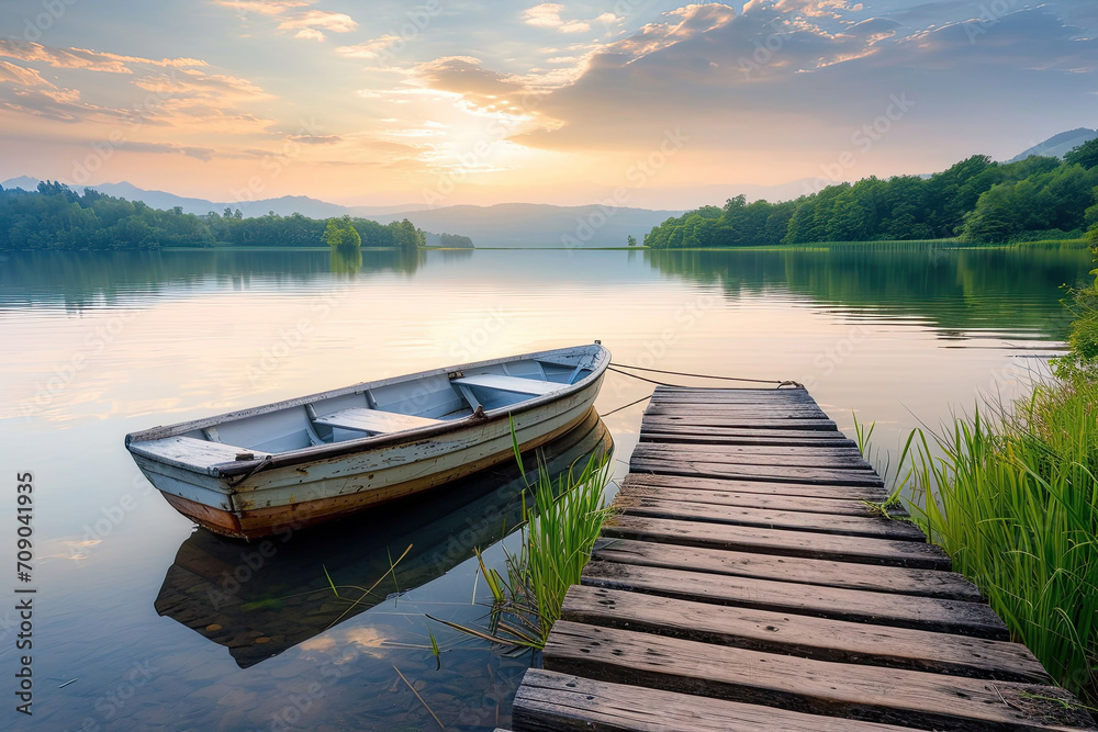 Beautiful lake landscape with row boat and old wooden lake bridge with ...