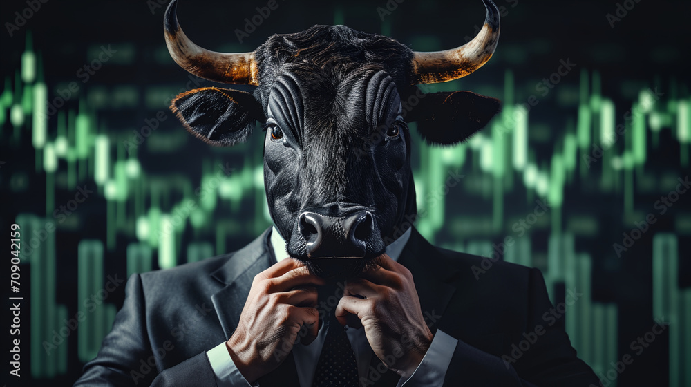 A bull as a businessman wearing suite with green stock market chart ...