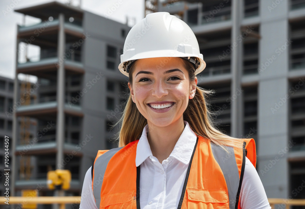 Smiling female engineer wearing hard hat, high vis vest, and PPE on ...