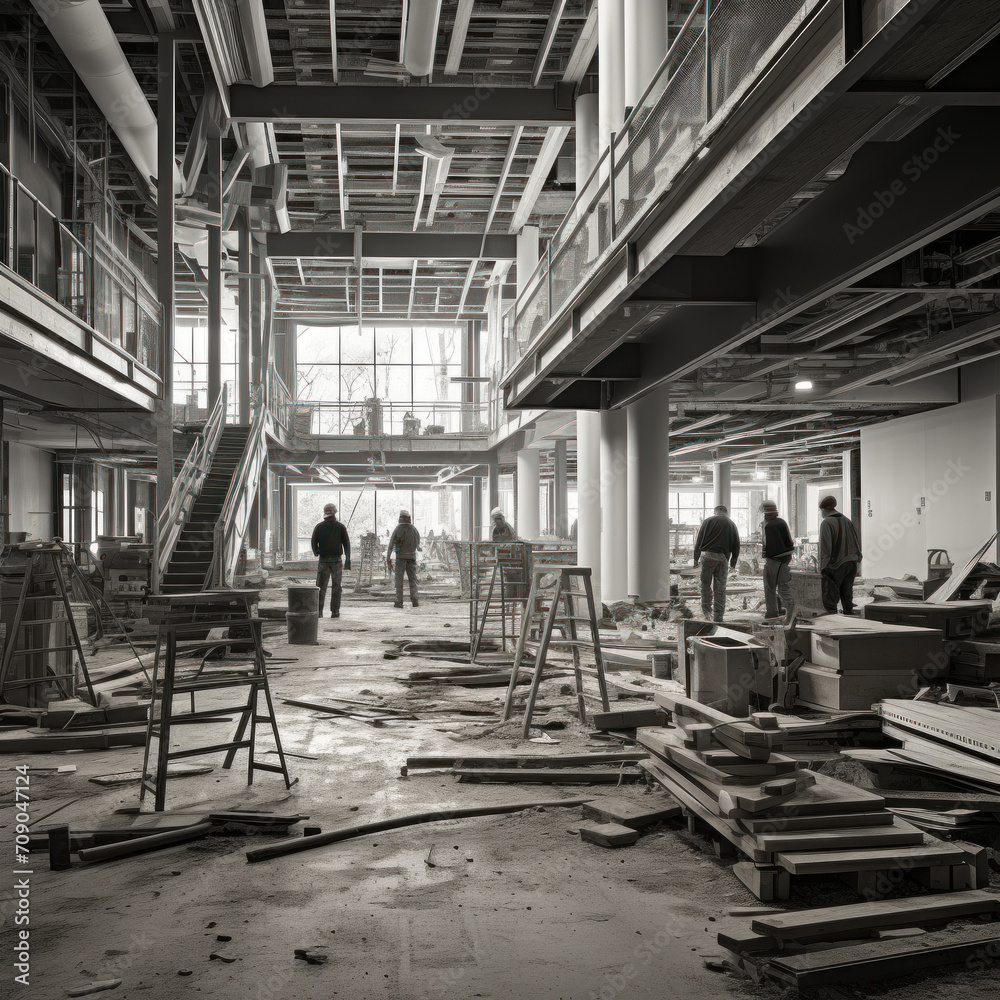 black and white photograph of the construction process of a large ...