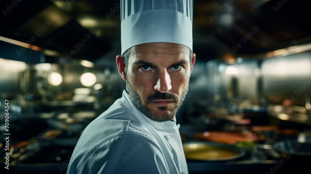 A poised male chef in a pristine white uniform and elevated chef's hat ...