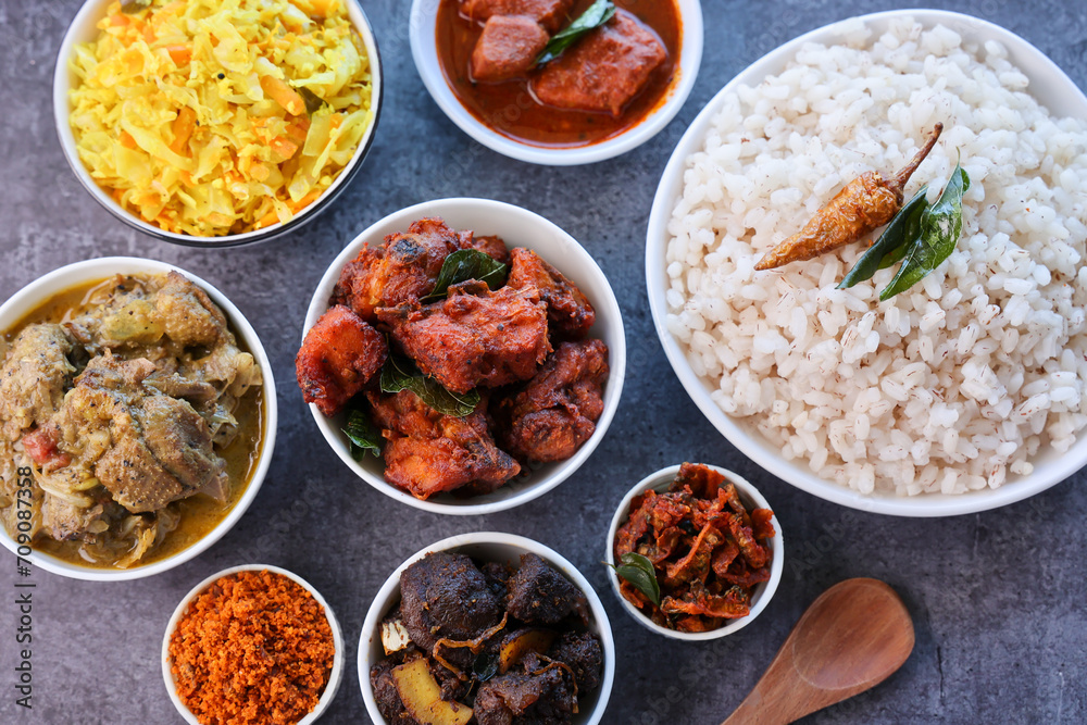 Kerala special food sadhya in banana leaf plate with Chicken fry Duck ...