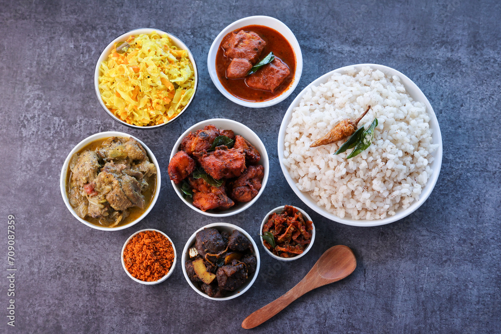 Kerala special food sadhya in banana leaf plate with Chicken fry Duck ...