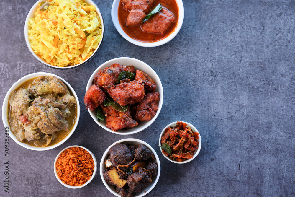 Kerala special food sadhya in banana leaf plate with Chicken fry Duck ...