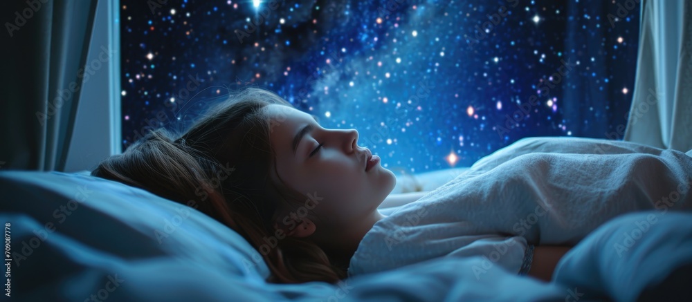Young girl peacefully sleeping, gazing at the starry night sky through ...