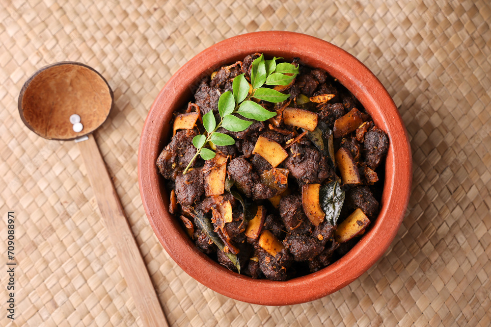 Spicy red beef fry curry and brown rice South Indian dish Kerala, India ...