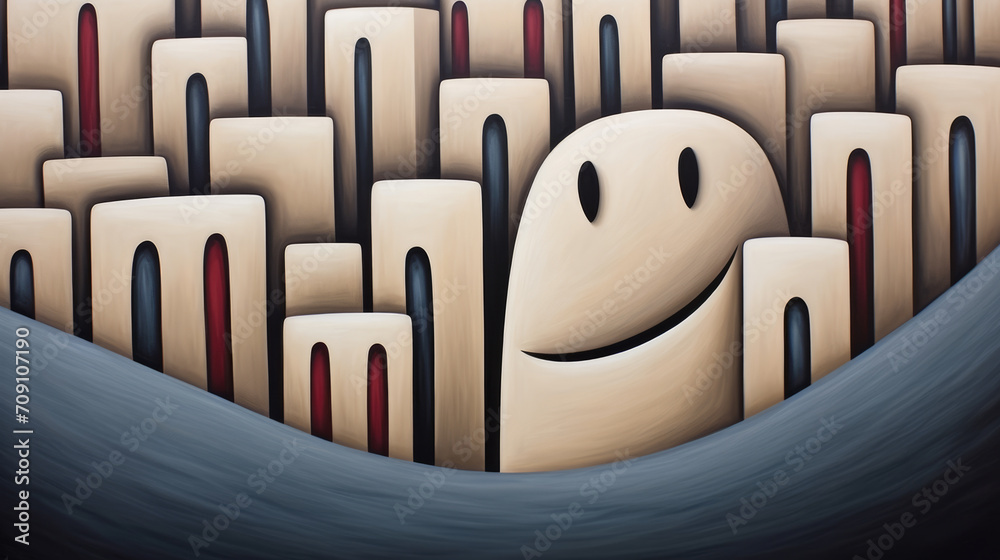 Smiley face painting graces a cityscape, its wide grin engaging viewers ...