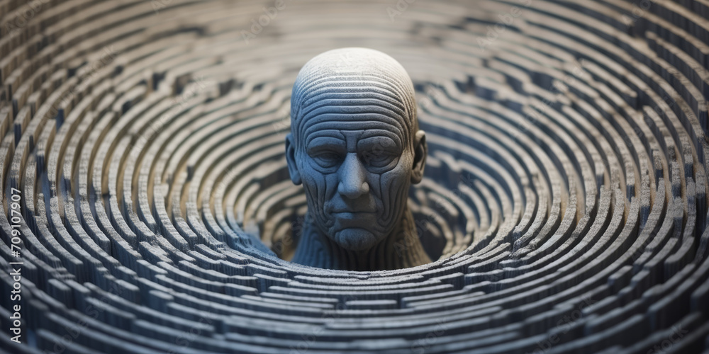 Sculpture of a man in a maze, rendered in 3D to depict a complex ...