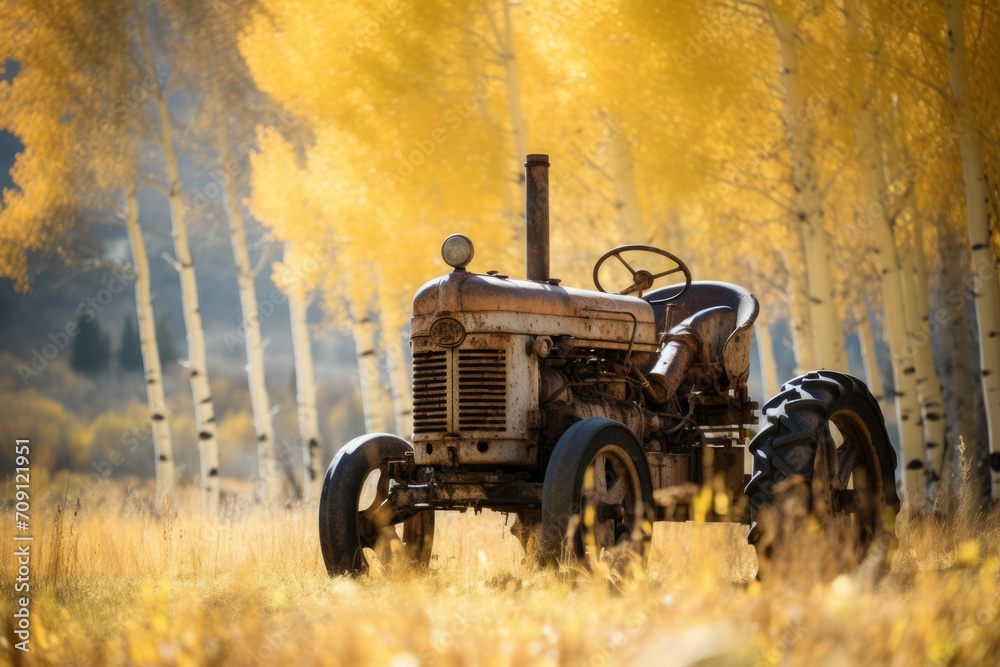 Old tractor in front of Aspen Trees turning Fall colors Stock Photo ...