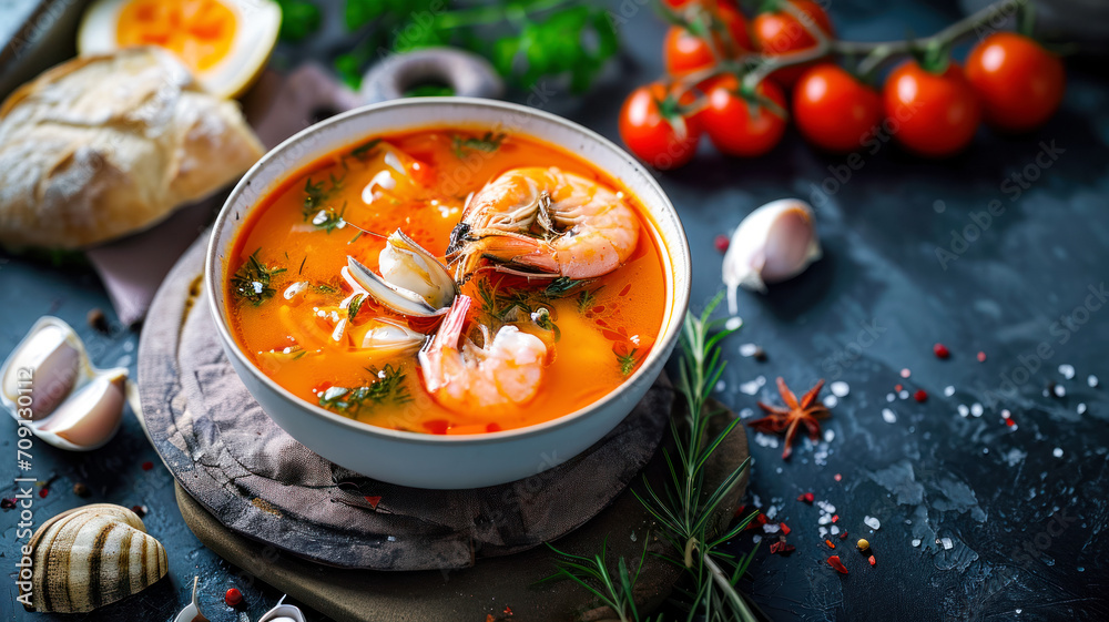 Plate with traditional Italian seafood soup, soup stands on a dark ...