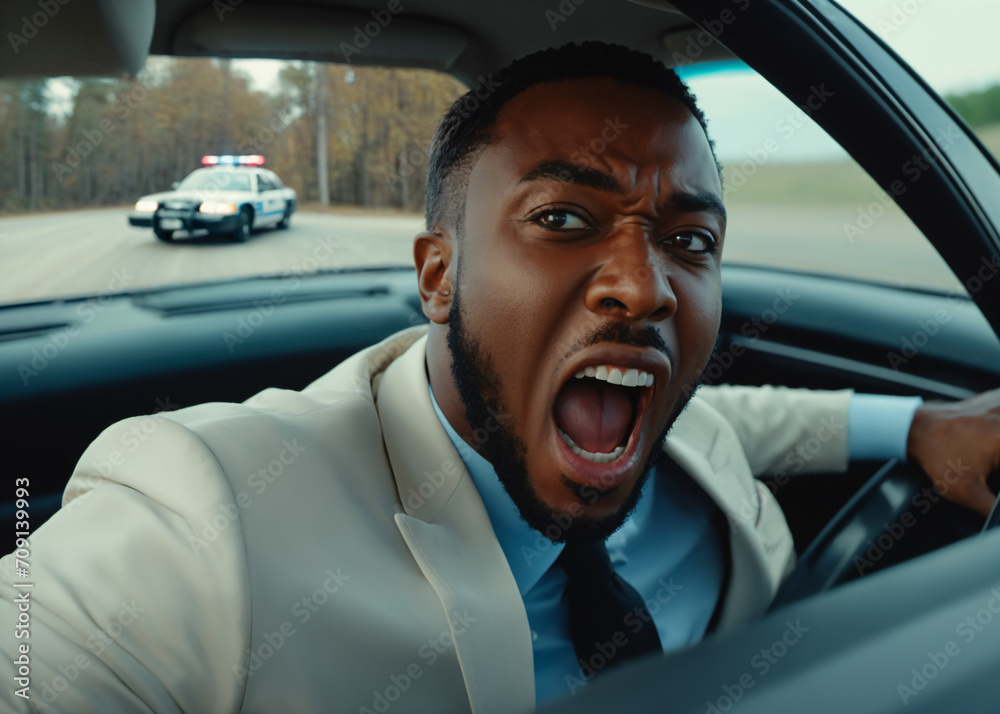 black man screams seeing a police car through the rear window of the ...