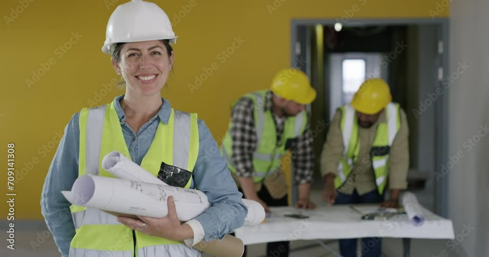 Woman, face and engineering at construction site, planning building and ...