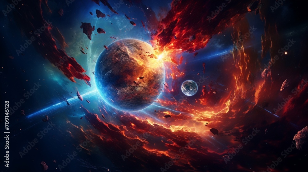 Design a 3D abstract representation of a cosmic collision, with ...