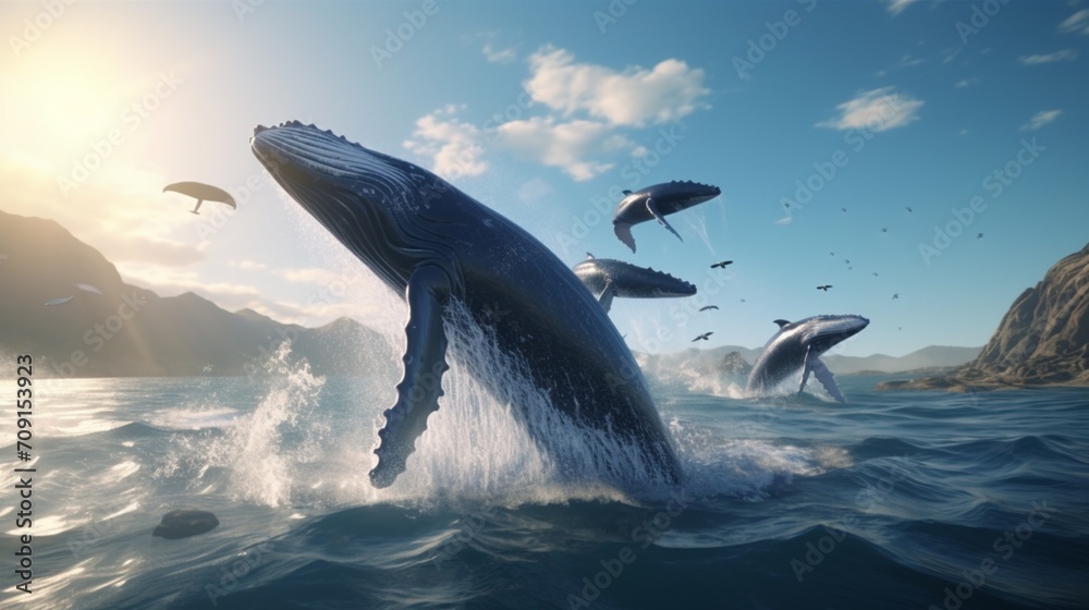In this realistic 3D render, a pod of whales breaches the surface of ...