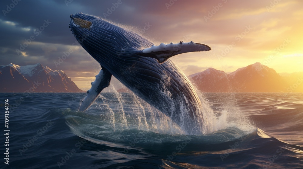 In this realistic 3D render, a pod of whales breaches the surface of ...