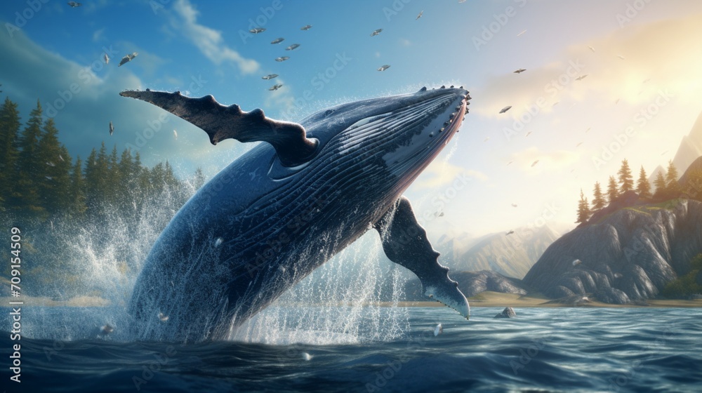 In this realistic 3D render, a pod of whales breaches the surface of ...
