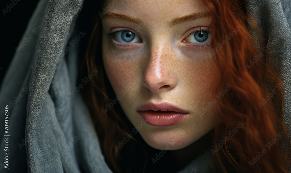 Mystical Portrait of a Redhead Woman with Freckles, Cloaked in a Grey ...
