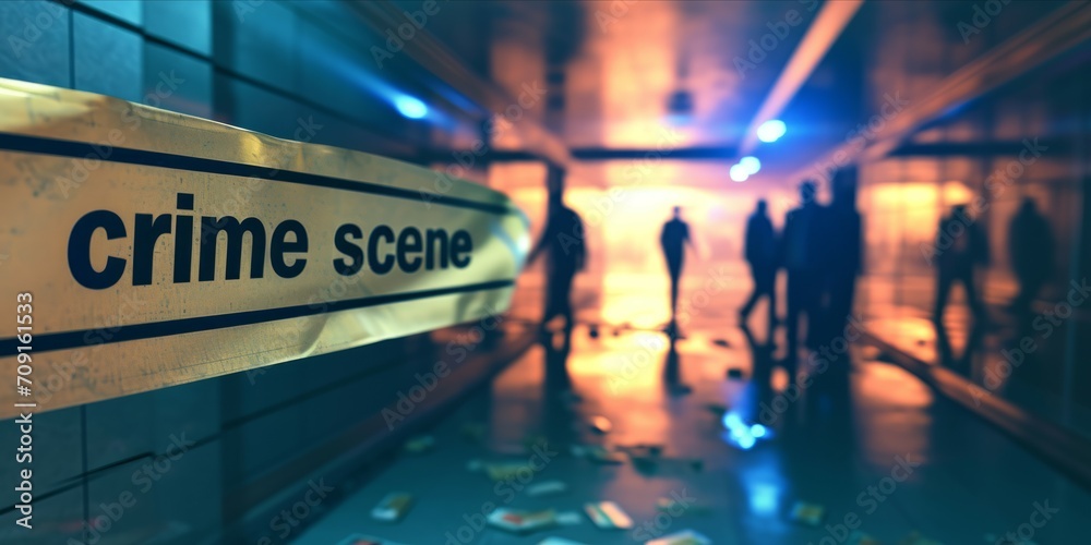 crime scene tape with blurred forensic law enforcement background in ...