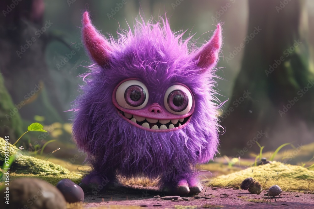 Cute purple or violet furry monster 3D cartoon character Stock ...