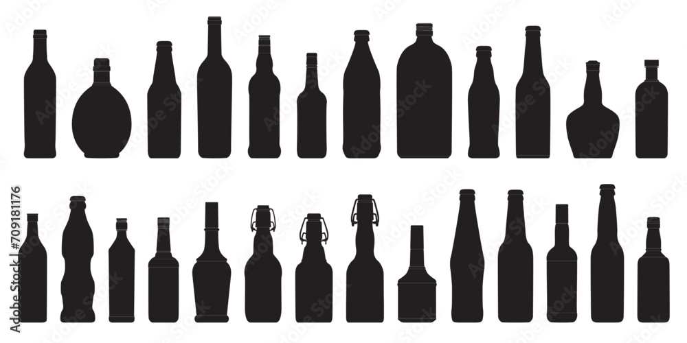Bottle shape icon set. Beverage, drink, alcohol silhouette. Glass ...