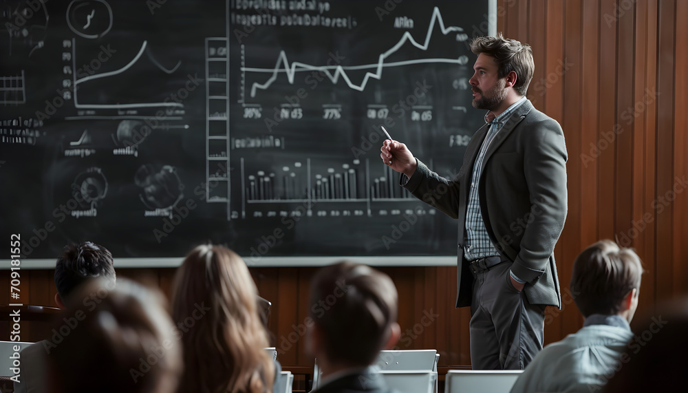 Man giving a lecture in front of a audience. He is presenting a subject ...