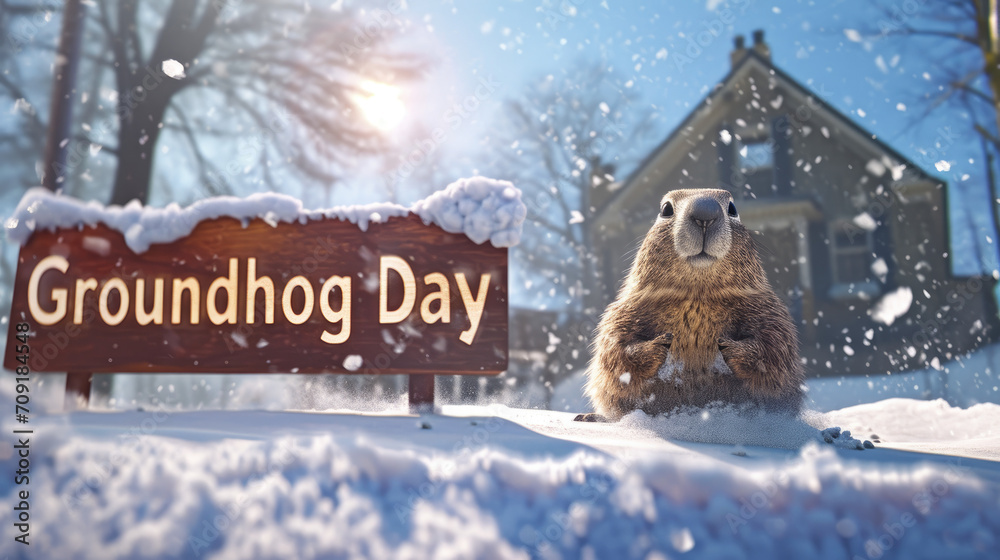 Groundhog in the snow in the winter, with sign for Groundhog day, the ...