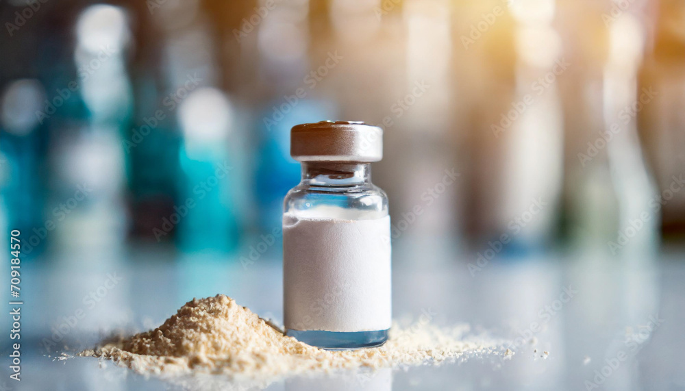 Vial of vaccine with drug powder on white background; symbolizing hope ...