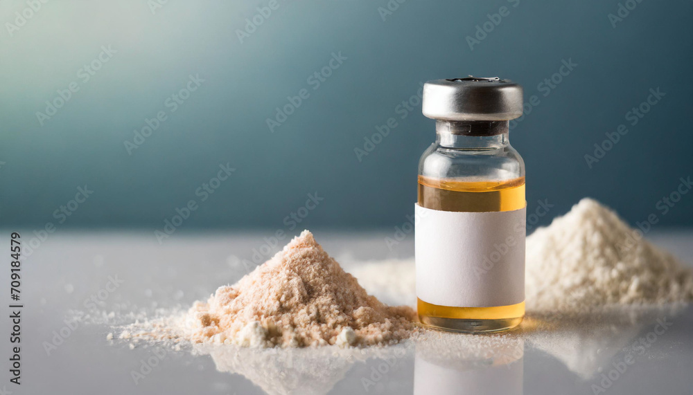 Vial of vaccine with drug powder on white background; symbolizing hope ...